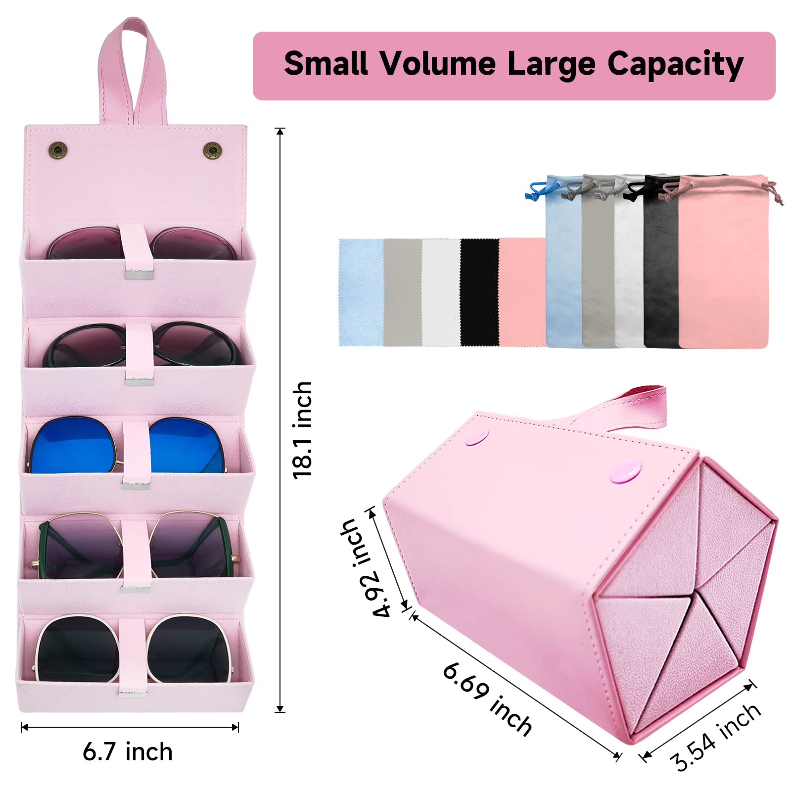 BBKON Sunglasses Organizer with 5 Slots, Travel Glasses Case, Portable Eyeglasses Holder Storage Box for Men Women (Pink)