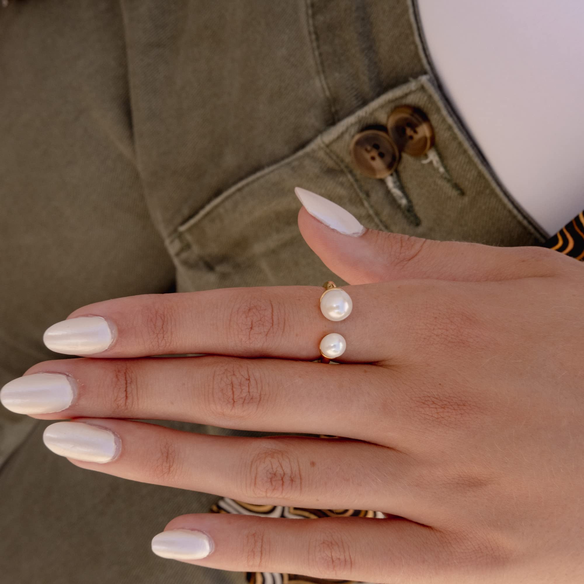 Aurelia Mae 18K Gold Plated Freshwater Cultured Pearl Ring Gold Knuckle Rings Two Pearls Open Midi Ring Open Cuff Wrap Band Size 8