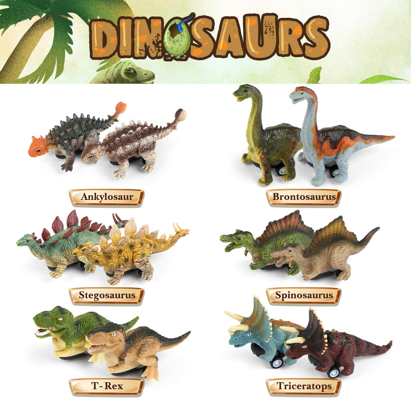 LIHAO 12 Pack Dinosaur Pull Back Cars with Jumbo Eggs, Filled Easter Eggs with Toy Inside for Easter Basket Stuffers, Party Favors, Egg Hunt Dinosaur Birthday Party Favors Supplies