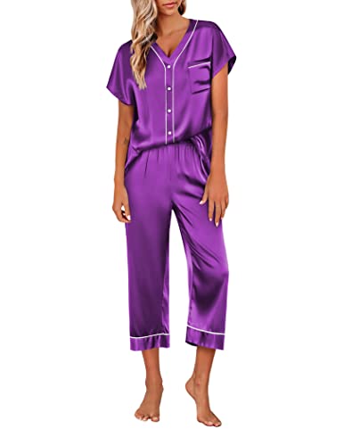 Ekouaer Satin Pajamas Set for Women Button Front Silk Sleepwear Short Sleeve V Neck Loungewear Set Purple Pajamas Set
