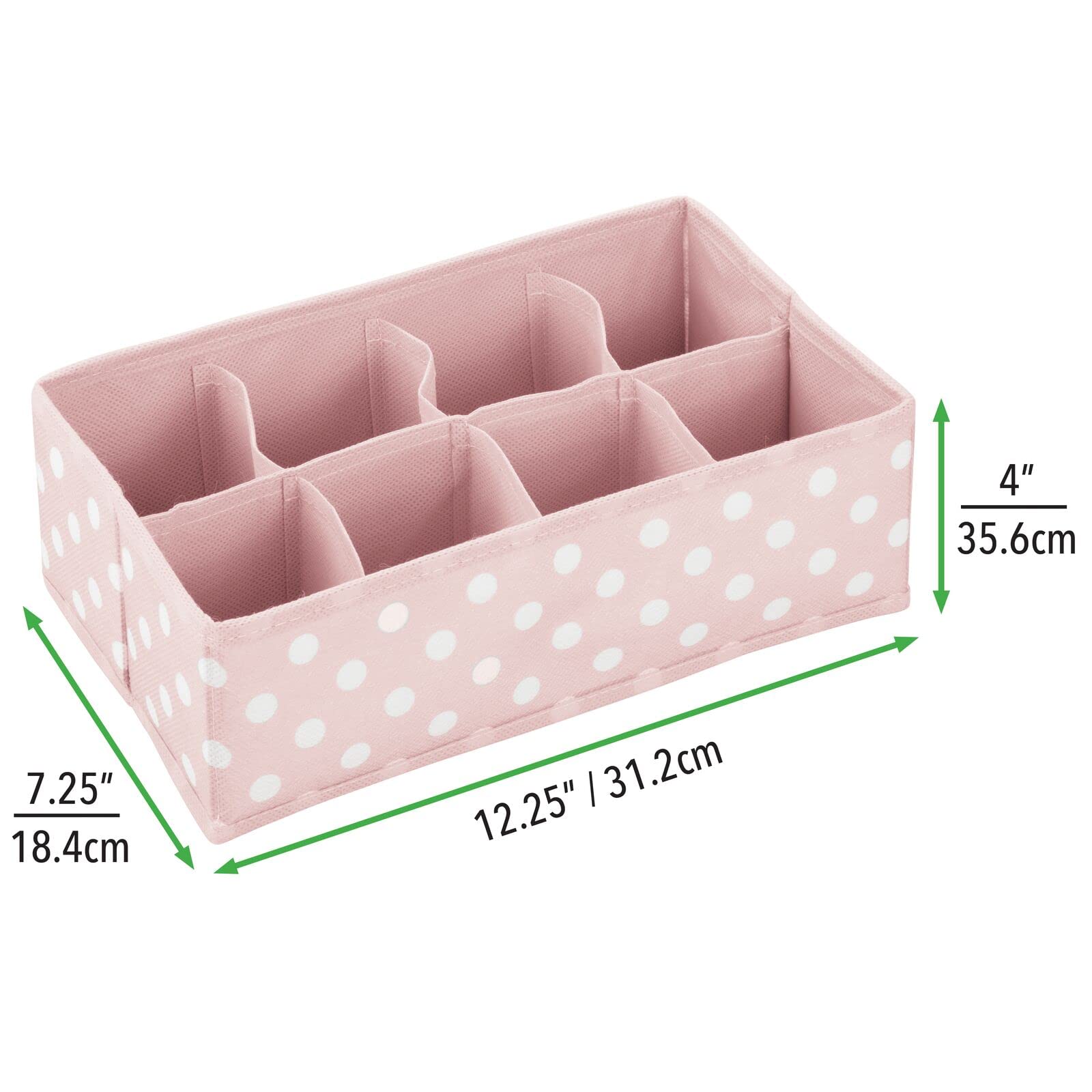 mDesign Fabric 8-Section Divider Drawer Organizer Bin for Baby Nursery Dresser, Closet, Shelf, Changing Table Organization, Hold Clothes, Toys, Diapers, Bib, Blanket - 2 Pack, Pink/White Polka Dot