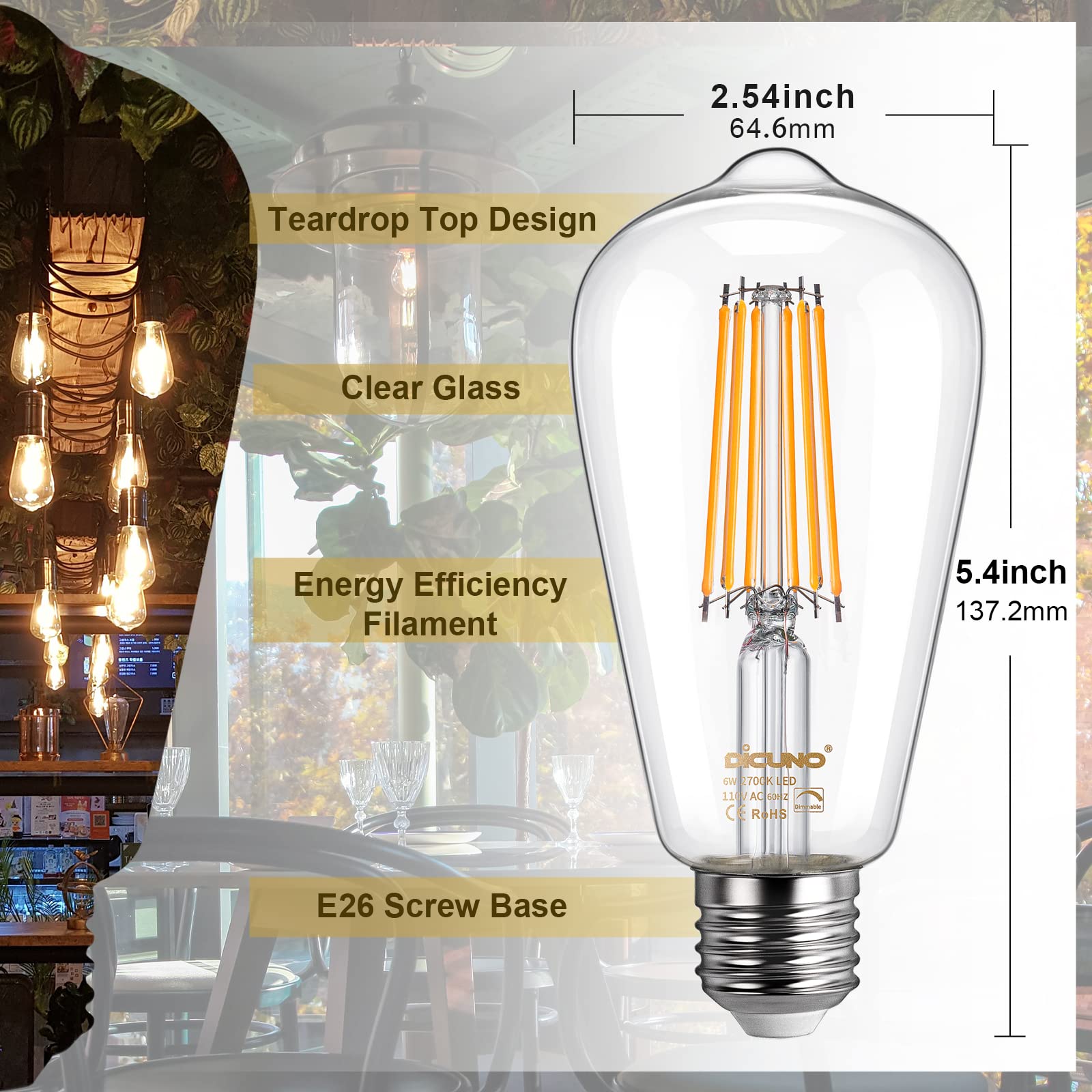 DiCUNO ST64 Edison LED Bulb 60W Equivalent, 6W, Warm White 2700K, Dimmable Vintage LED Light Bulbs, 700LM E26 Medium Base with Clear Glass for Dining Room, Kitchen Lighting,Pack of 6