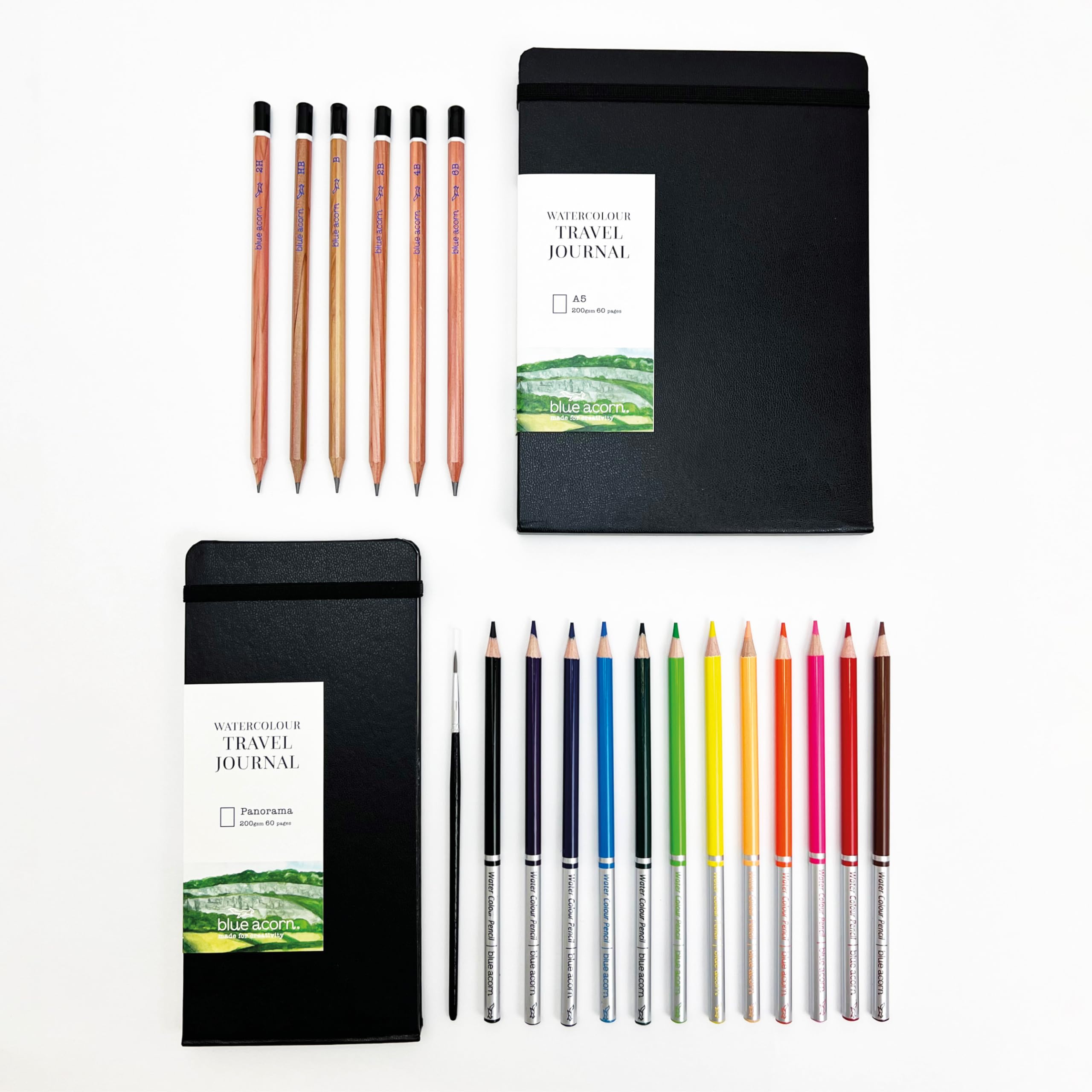 Blue Acorn Watercolour Journal Gift Set - Includes a Watercolour Travel Journal (60 Pages), an A5 Landscape Watercolour Travel Journal (60 Pages), 12 Water-Soluble Pencils and 6 Sketching Pencils