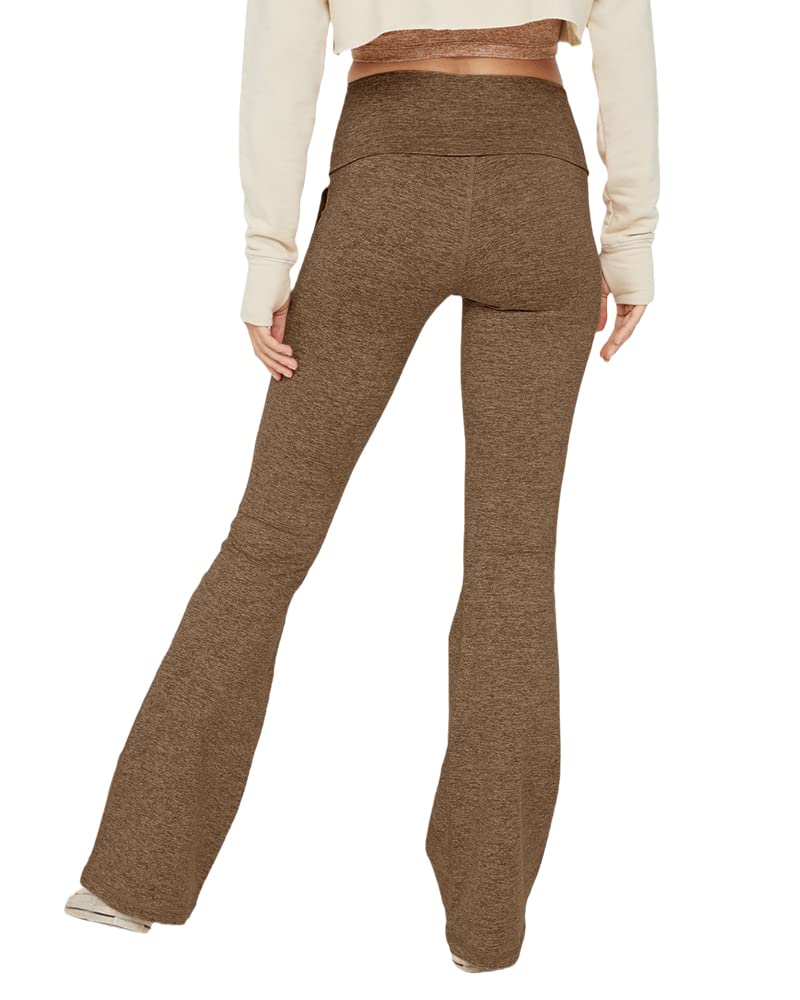 Aurgelmir Womens Flare Yoga Pants High Waisted Foldover Workout Leggings with Pockets Tummy Control Bell Bottom Pants Brown