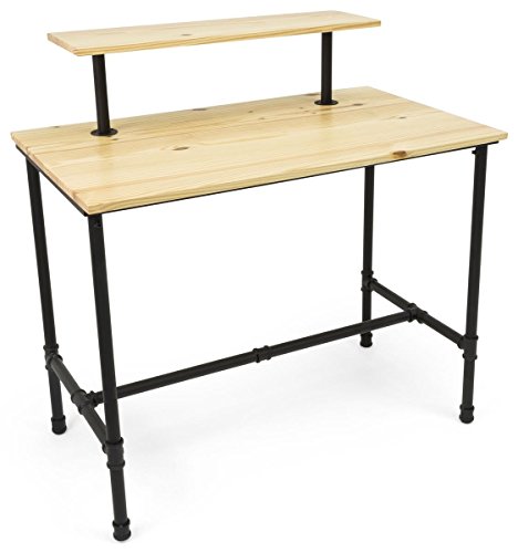 Displays2go, Large Pipe Display Table, Metal and Pine Wood Construction – Natural Finish, Black Hardware (PPLNNSTLRG)