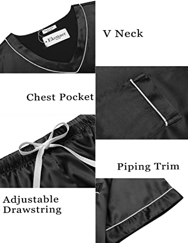 Ekouaer Women Silk Pajama Sets Loose V Neck Two Piece Satin Pjs Sets Short Sleeve Luxury Silky Nightwear Black XL
