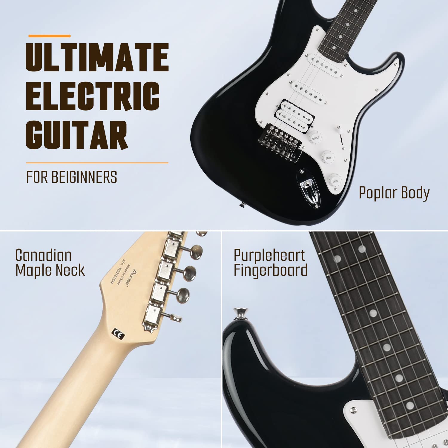 Auriga 39 Inch Electric Guitar (Black-White), 6 string Beginner Guitar Kit with Gig Bag, Tremolo Bar, Strap, Cable, Picks, Hex Wrench