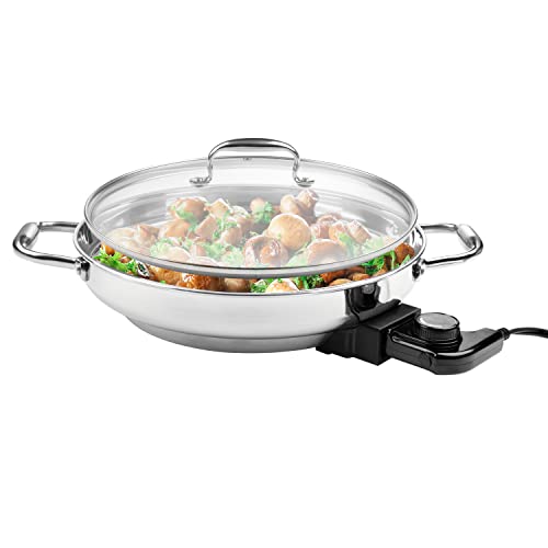 Electric Skillet By Cucina Pro - 18/10 Stainless Steel Frying Pan with Tempered Glass Lid and Handles, 12" Round, Adjustable Temperature Control Knob, Portable and Includes Recipe Guide, Great Gift