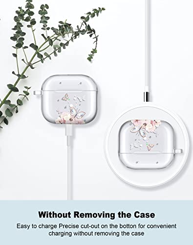 JAHOLAN AirPods 3 Case Clear Butterfly Case Cute Protective Soft Shockproof Cover with Keychain for Women Girls Compatible with AirPods 3rd Generation Wireless Charging Case - Butterfly Flower Pink
