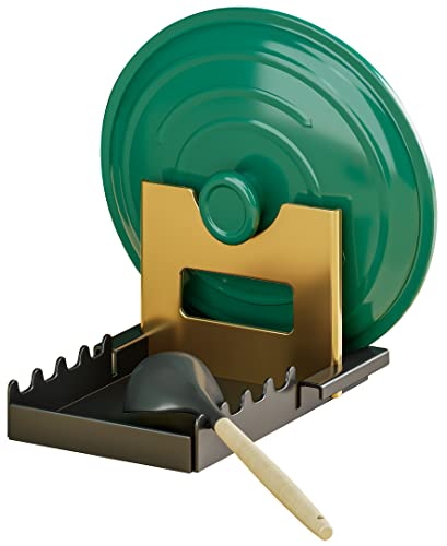 Dr.DJ Spoon Rest Pot Lids Holder, Pot Pan Lid Organizer Stand Heavy Duty, Cutting Board Rack Chopping Board Organizer Stand Spoon Rest w Drip Tray Kitchen Countertop, Stainless (Black)