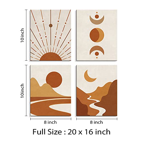 Creoate Boho Wall Art, 4 Pieces Mid Century Wall Art Sun Moon Boho Canvas Print Framed Set Artwork for Living Room Bedroom Wall Decor