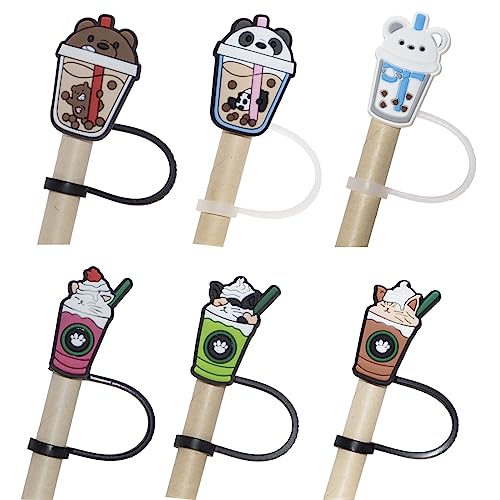 Fepdiu 6pcs Straw Covers Cap for Stanley Cup,6-8mm Cartoon Straw Cover,Reusable Drinking Silicone Straw Covers,Dust Proof Straw Toppers Covers for Stanley Cup Accessories