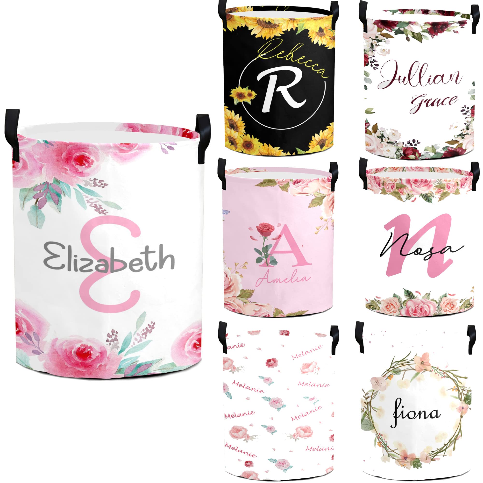 Custom Laundry Basket with Name Personalized Baby Laundry Hampers Customized Flower Laundry Hamper for Boys Girls Women Collapsible Storage Basket with Handle for Living Room Bedroom