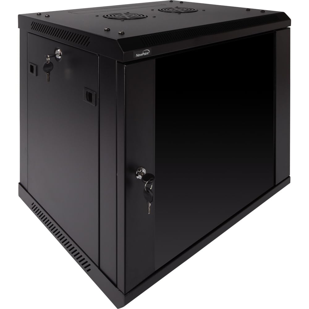 NavePoint 9U Server Rack Enclosure - 17.7β Deep, 9U Wall Mount Network Cabinet with Locking Glass Door for 19β IT Equipment, 9U Network Rack with 2 Fans, Removable Side Panels, Black