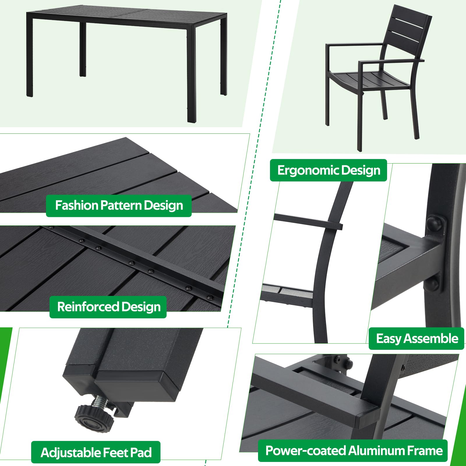 U-MAX 7-Piece Aluminum Outdoor Dining Set, Patio Table and Chairs Set for 6 Morden Outdoor Furniture Set with Aluminum Frames, Rectangular Table and Stackable Chairs for Garden, Black