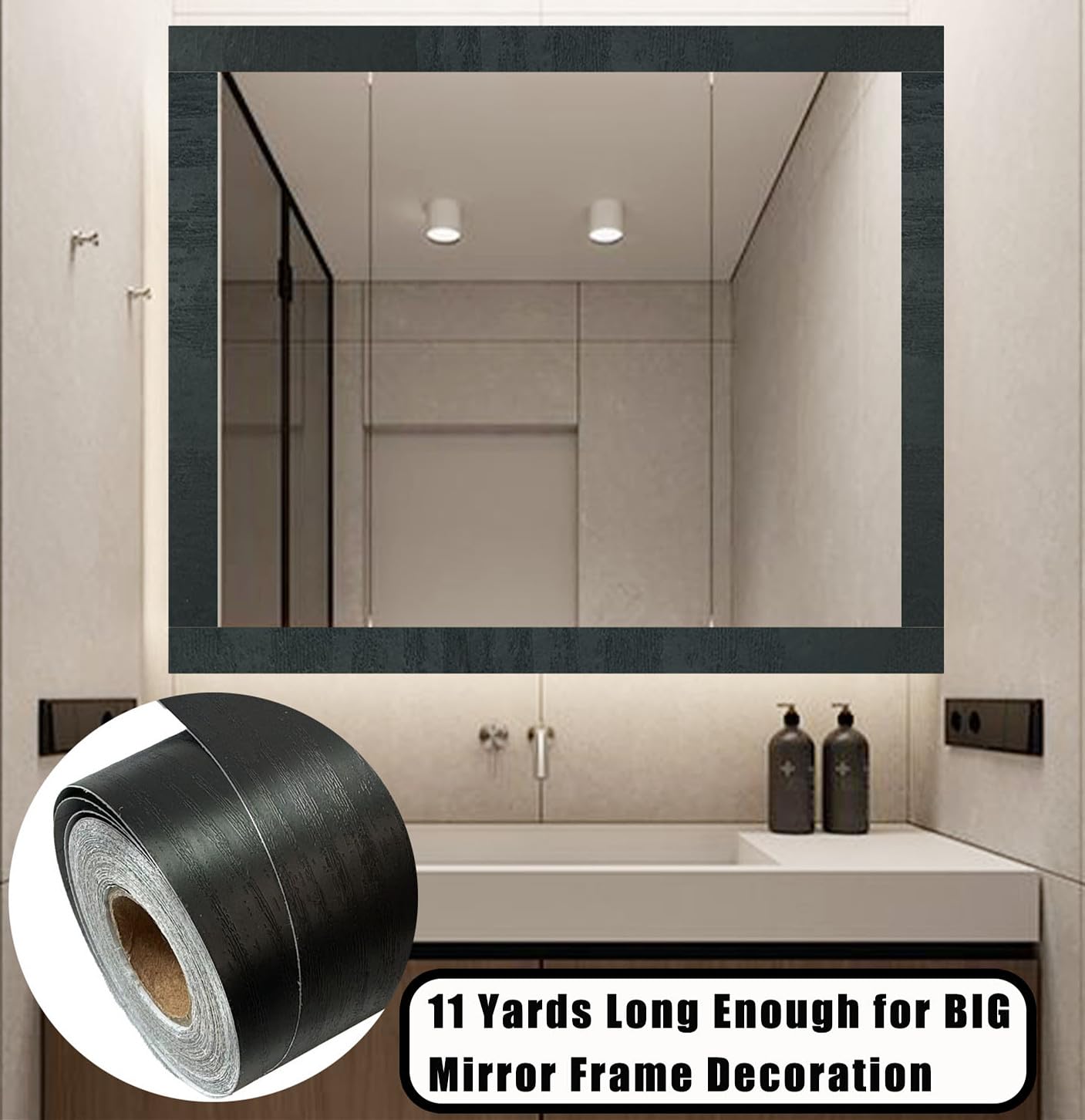 DESOMINOR 32FT Black Border Peel &Stick Black Wood Grain Wallpaper Border Removable Waterproof Bathroom Mirror Frame Sticker,3.94 Inches by 32.8 Ft
