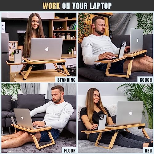 Foldable Laptop Bed Desk with Mouse Pad, Adjustable Folding Bamboo Tray Lap Stand Table for Work Breakfast College Students - Fits up to 17 Inch Laptops