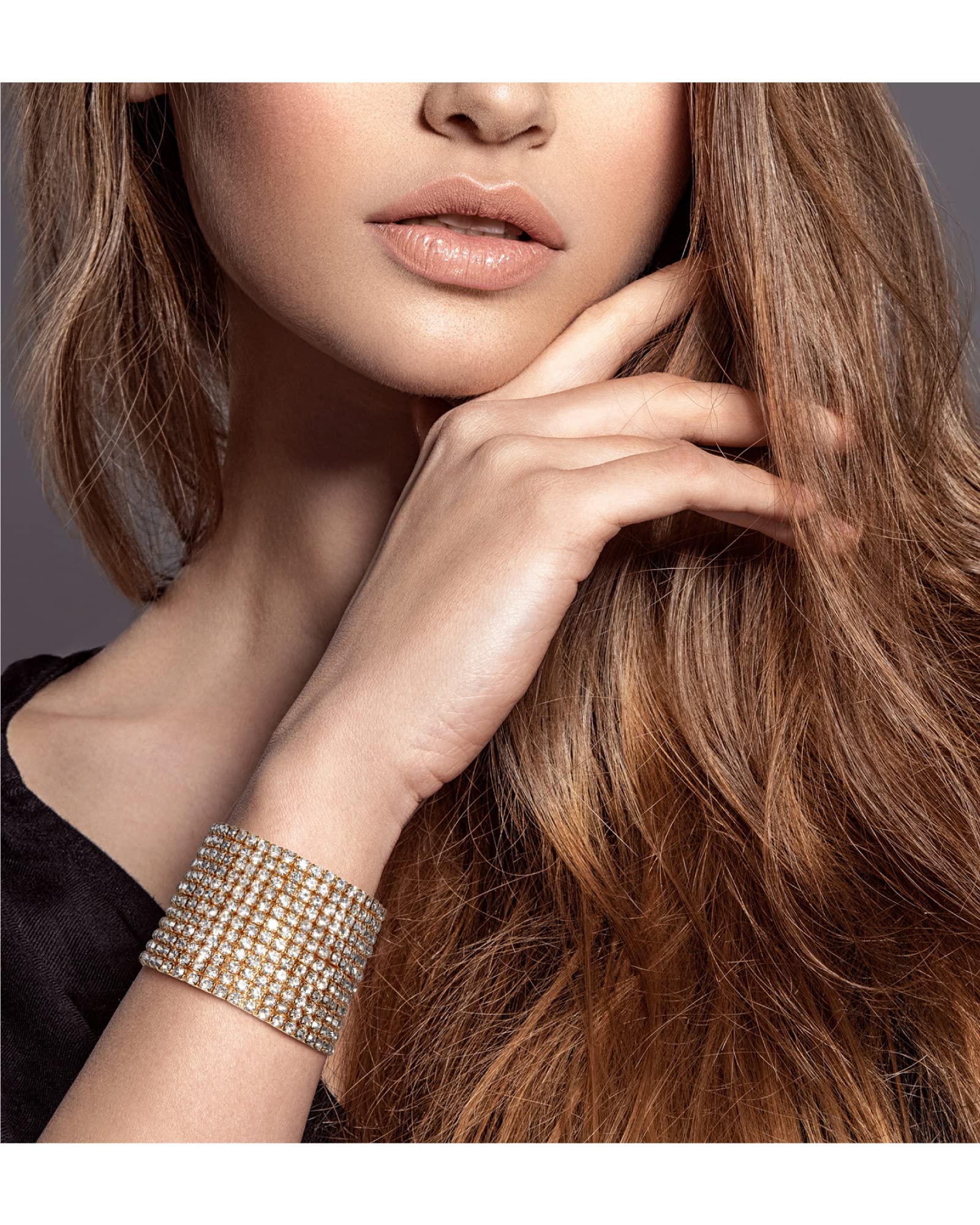 Badgley Mischka Women's Bracelet - 12 Strand Wide Crystal Studded Bridal Statement Stretch Wristband Cuff Wrap, Hematite