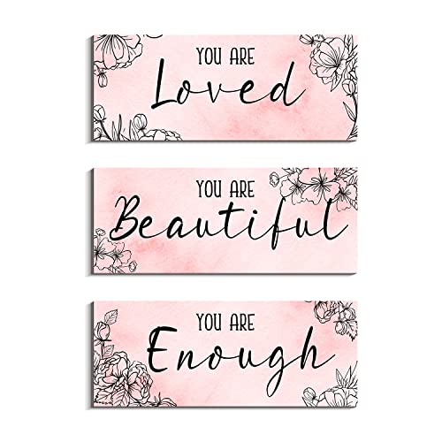 Creoate Pink Wall Decor for Girls 3 Pieces Inspirational Quotes Wall Art Thick Wooden Wall Hanging Bedroom Decor - You Are Loved Signs Wall Decor, Cute Girls Bedroom Decor, 4x10x0.3 Inch