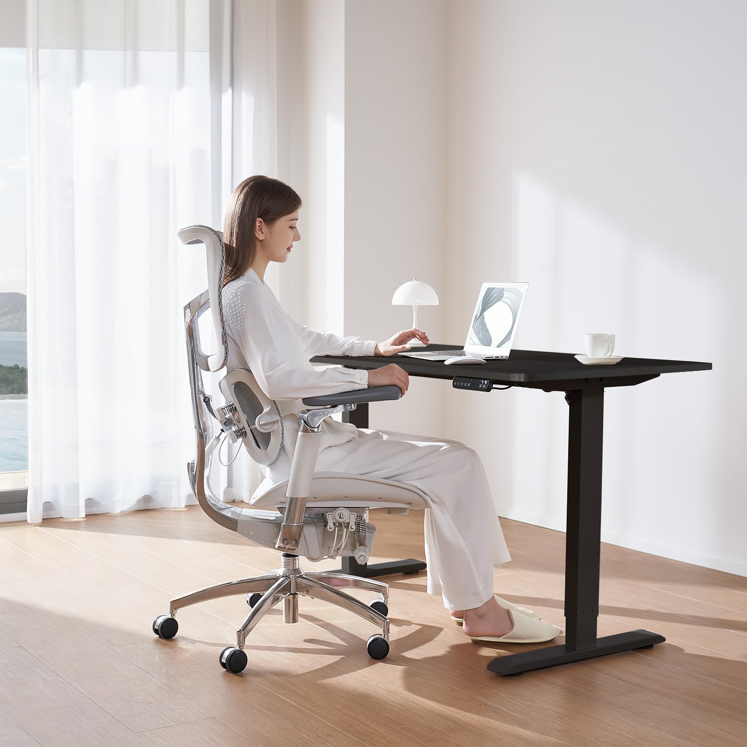 SIHOO 55"×28" One-Piece Electric Standing Desk, Sit-Stand Desk with 4 Memory Height Settings, Ergonomic Adjustable Height Desk Computer Workstation for Home & Office (White Oak)