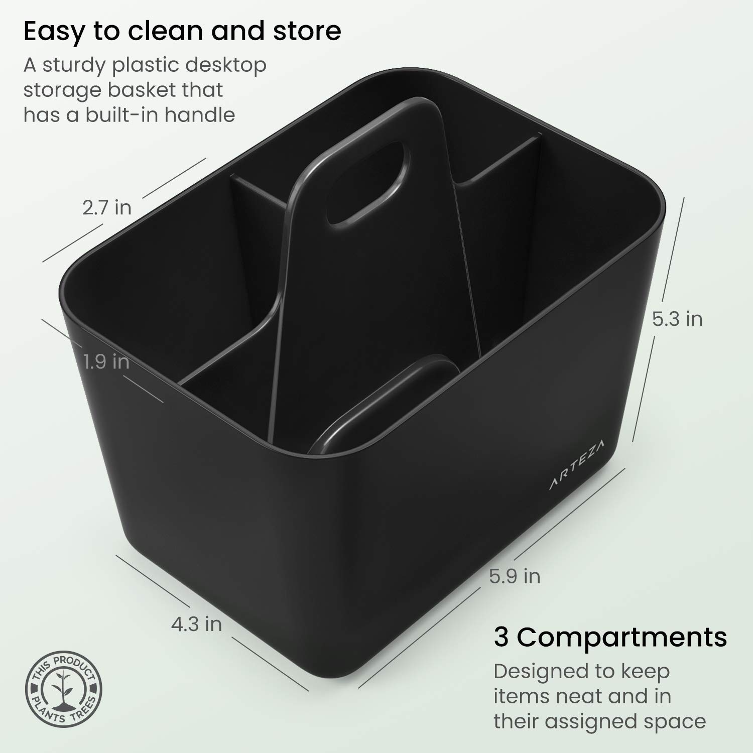 Arteza Storage Caddy, Black 3-Compartment Plastic Mini Caddy Organizer, Stackable Design with Divider Partitions, for Makeup and Art Supplies