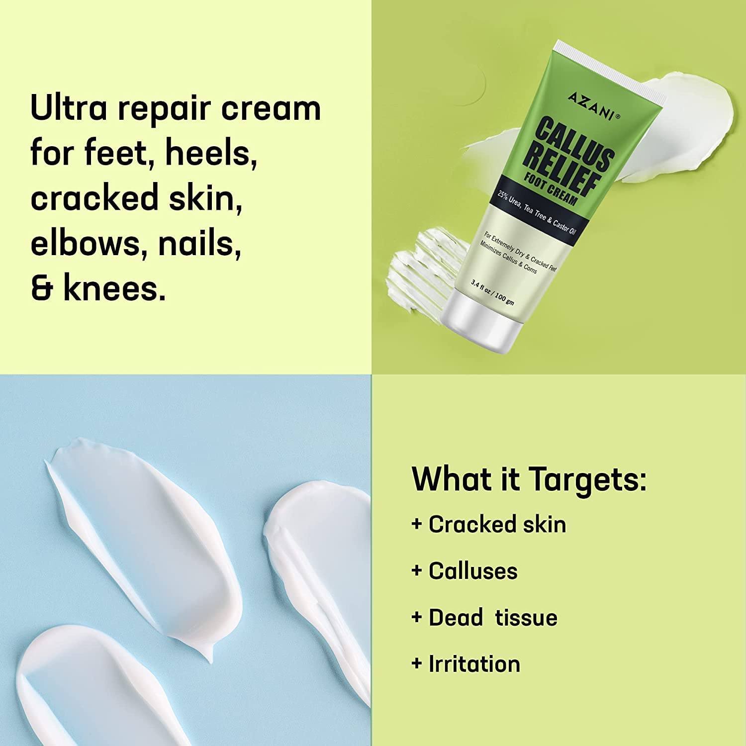 AZANI Callus Relief Foot Cream | 25% Urea, Castor & Tea Tree Oil| For Callus & Corns, Extreme Cracked Feet, Hands, Heels, Elbows, Nails, Knees| Intensive Exfoliator & Moisturizer| 3.5 Oz, 1 Pack