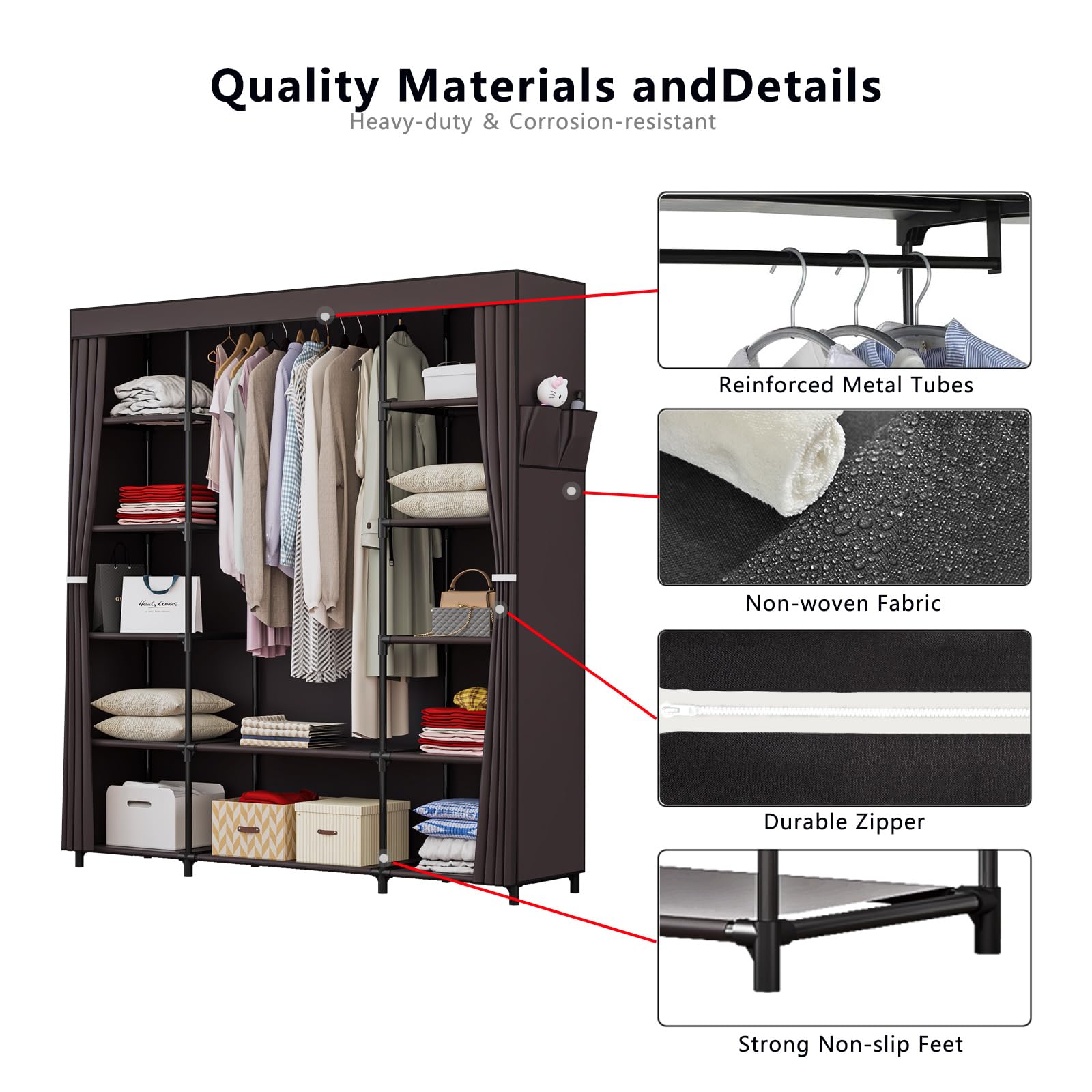 INGIORDAR Portable Closet Wardrobe Organizer Storage with Cover Non-Woben Fabric Portable Wardrobe Closet for Hanging Clothes Racks Shelving 59 Inch for Bedroom, Coffee