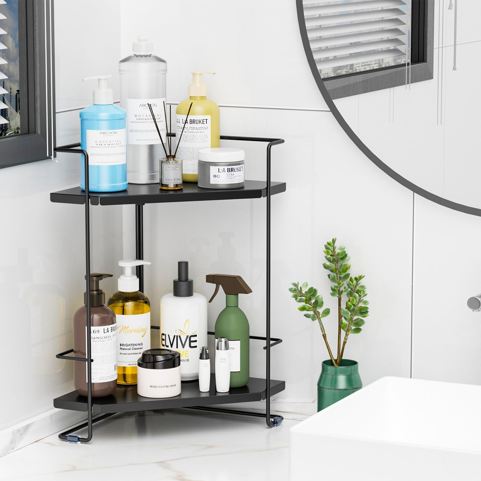 BOIVSHI Bathroom Organizer Countertop, 2-Tier Bathroom Organizers and Storage for Bathroom Countertop, Kitchen Counter, Corner Storage Shelf for Storage Skincare Perfume Makeup (Black)