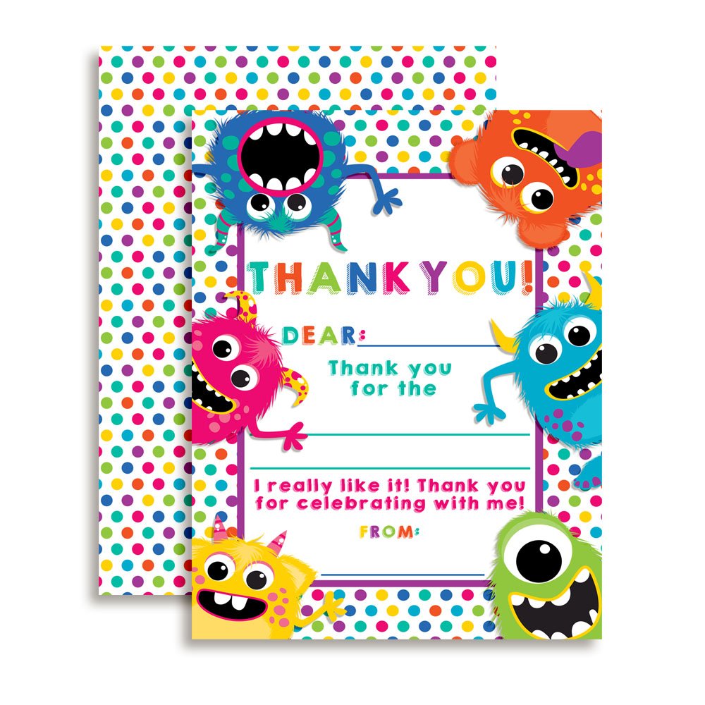 Cute & Colorful Monsters Thank You Notes for Kids, Ten 4" x 5.5" Fill In The Blank Cards with 10 White Envelopes by AmandaCreation