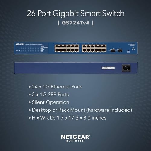 NETGEAR 26-Port Gigabit Ethernet Smart Switch (GS724Tv4) - Managed, with 24 x 1G, 2 x 1G SFP, Desktop or Rackmount, and Limited Lifetime Protection
