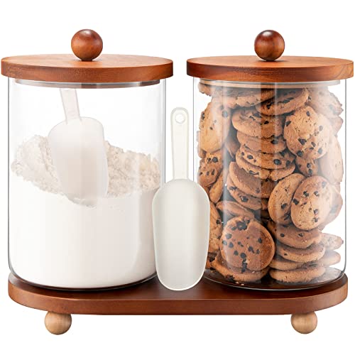 FavorFlavor Glass Jars with Airtight Lids Set of 2 101OZ Canister Sets for Kitchen Counter Flour Glass Storage Containers with Wooden Lid and a Tray for Kitchen or Laundry Room