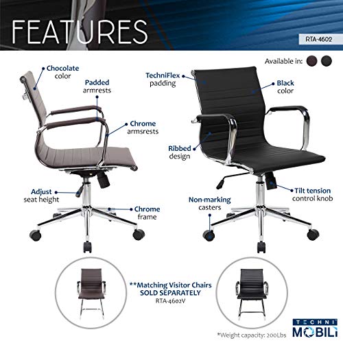 Techni Mobili Modern Medium Back Office Chair with Tilt and Height Adjustment, Executive Task Chair with Armrest and Non Marking Caster Wheels, Black