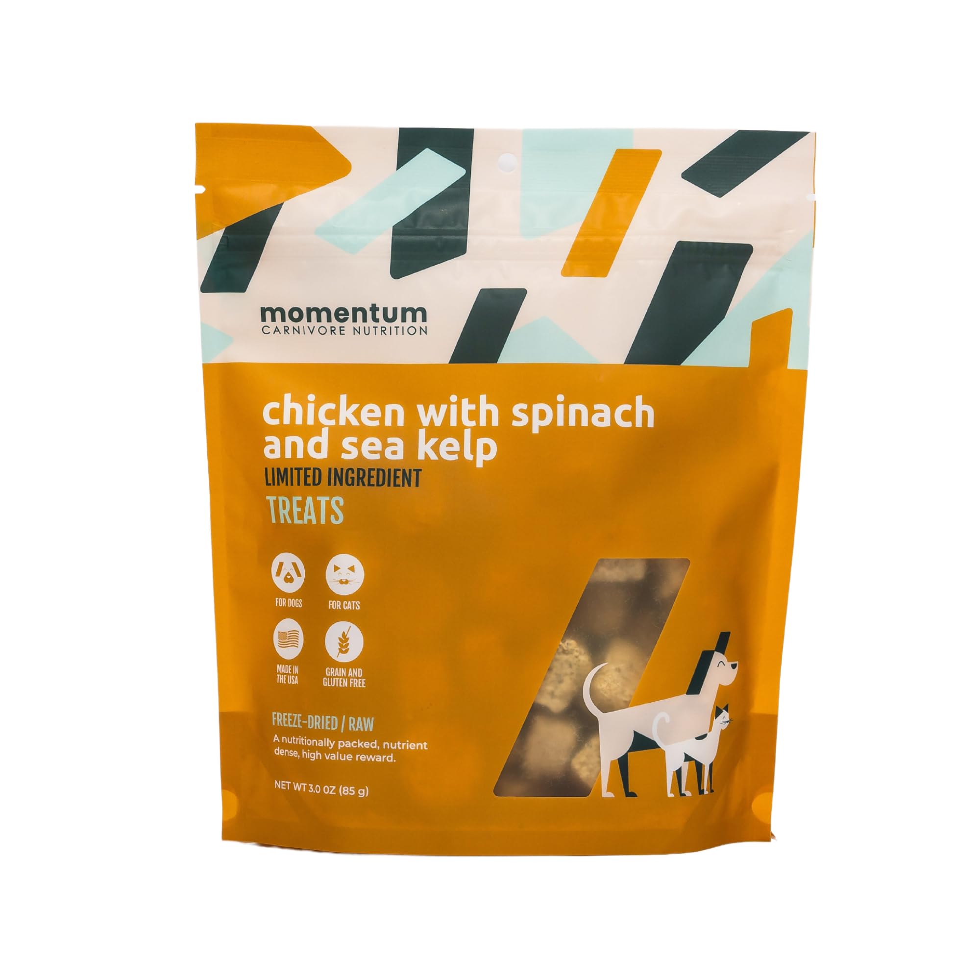 Momentum Carnivore Nutrition Freeze-Dried Chicken, Spinach & Sea Kelp â Single-Ingredient Raw Dog & Cat Treats â High-Protein, Grain-Free Snacks for Pets â 3 oz Bag