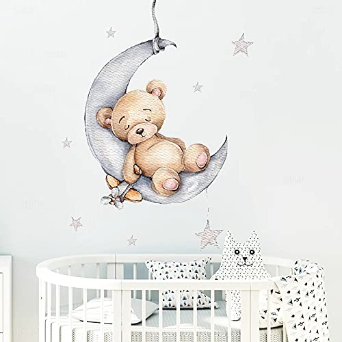Teddy Bear Sleeping on The Moon and Stars Wall Stickers for Kids Baby Room Interior Decoration Wall Decals (Teddy Bear)