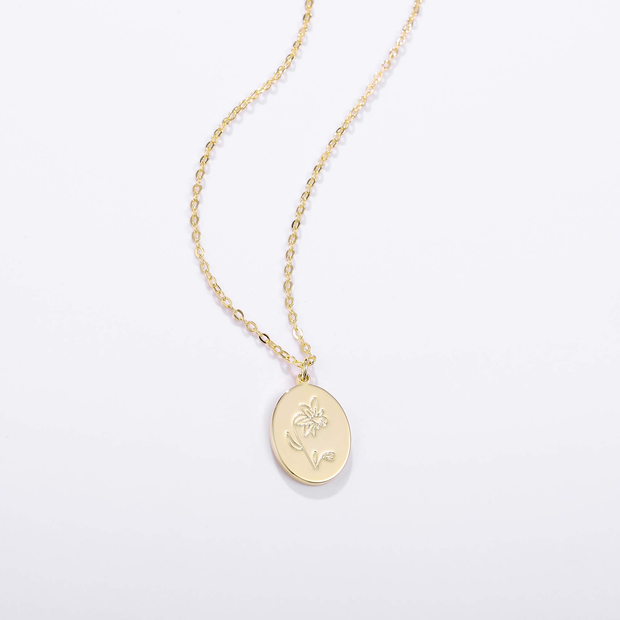 Fremttly Oval Coin Pendant Necklace 12 Month Birth Flower Disc Necklace 14K Real Gold Dainty Personalized Gift -3-Daffodil