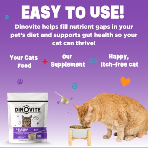 Dinovite for Cats Supplement - Immune + Digestive, Skin + Coat Support, Vitamins, Minerals, Omega 3, Enzymes, Probiotics. Reduces Shedding, Dry Skin, Itching, Stinking, Bald Spots, Seasonal Issues