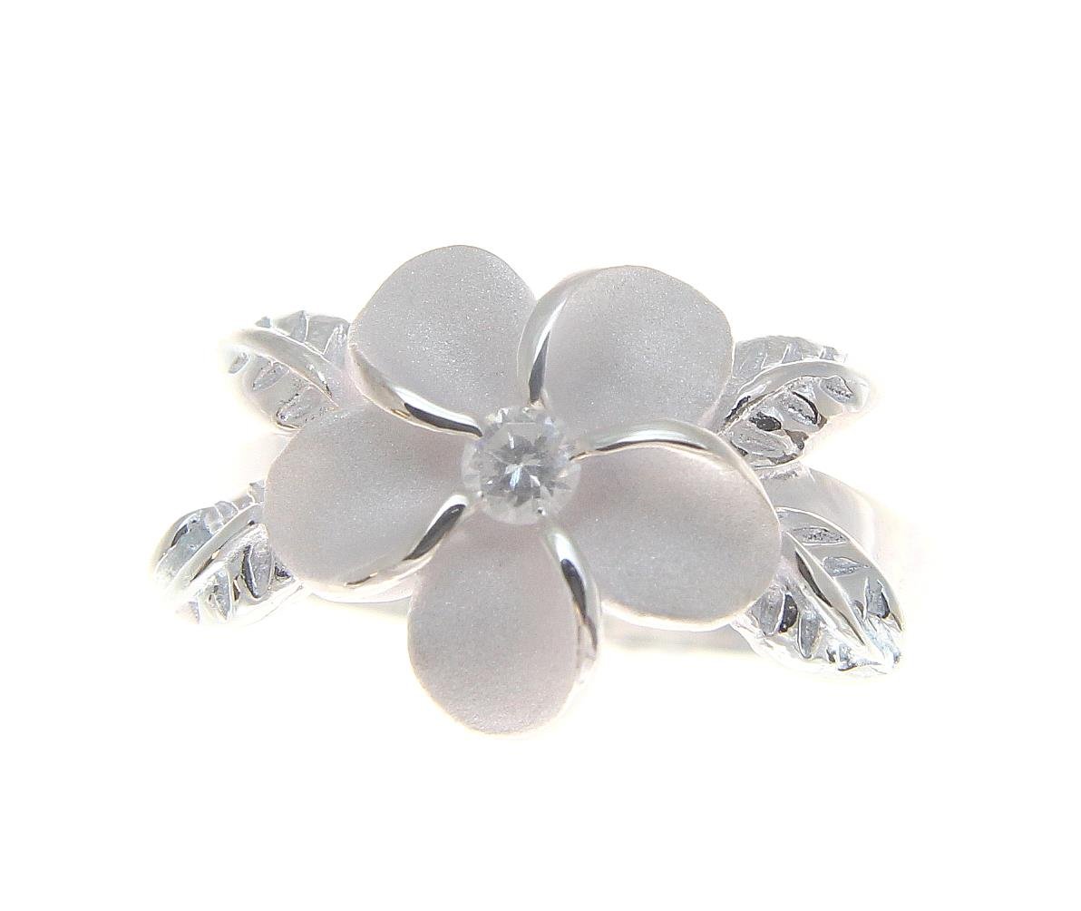Arthur's Jewelry Sterling silver 925 Hawaiian 12mm plumeria flower maile leaf white cz ring size 7
