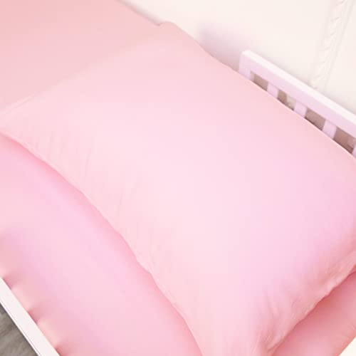 FLXXIE 4 Pieces Microfiber Toddler Bedding Set, Super Soft and Breathable Crib Sheet Set, Includes Quilted Comforter, Flat Top Sheet, Fitted Sheet, Envelope Pillow Case for Boys and Girls, Pink