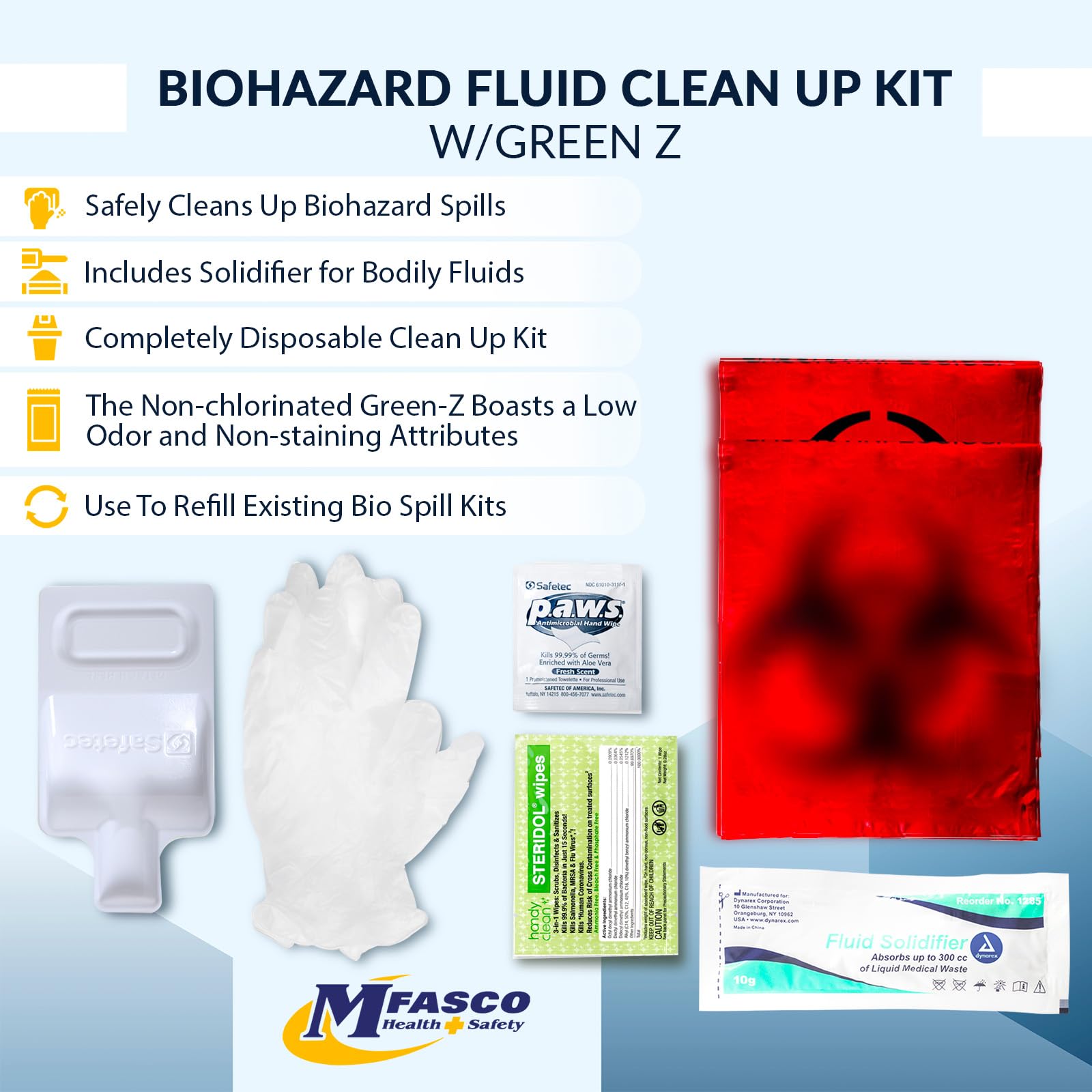 MFASCO Bloodborne Pathogens Spill Kit - Disposable Clean Up Kit, Safety for Bodily Fluids, Latex Free, First Aid, Non-Chlorinated Fluid Solidifier, Biohazard Bag, Vomit, Blood, Urine Solidifier