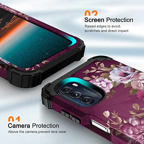 Hocase for Moto G 5G 2022 Case, Shockproof Heavy Duty Protection Soft Silicone Rubber Bumper+Hard Plastic Hybrid Protective Case for Motorola Moto G (2022) with 6.5" Display - Burgundy Flowers