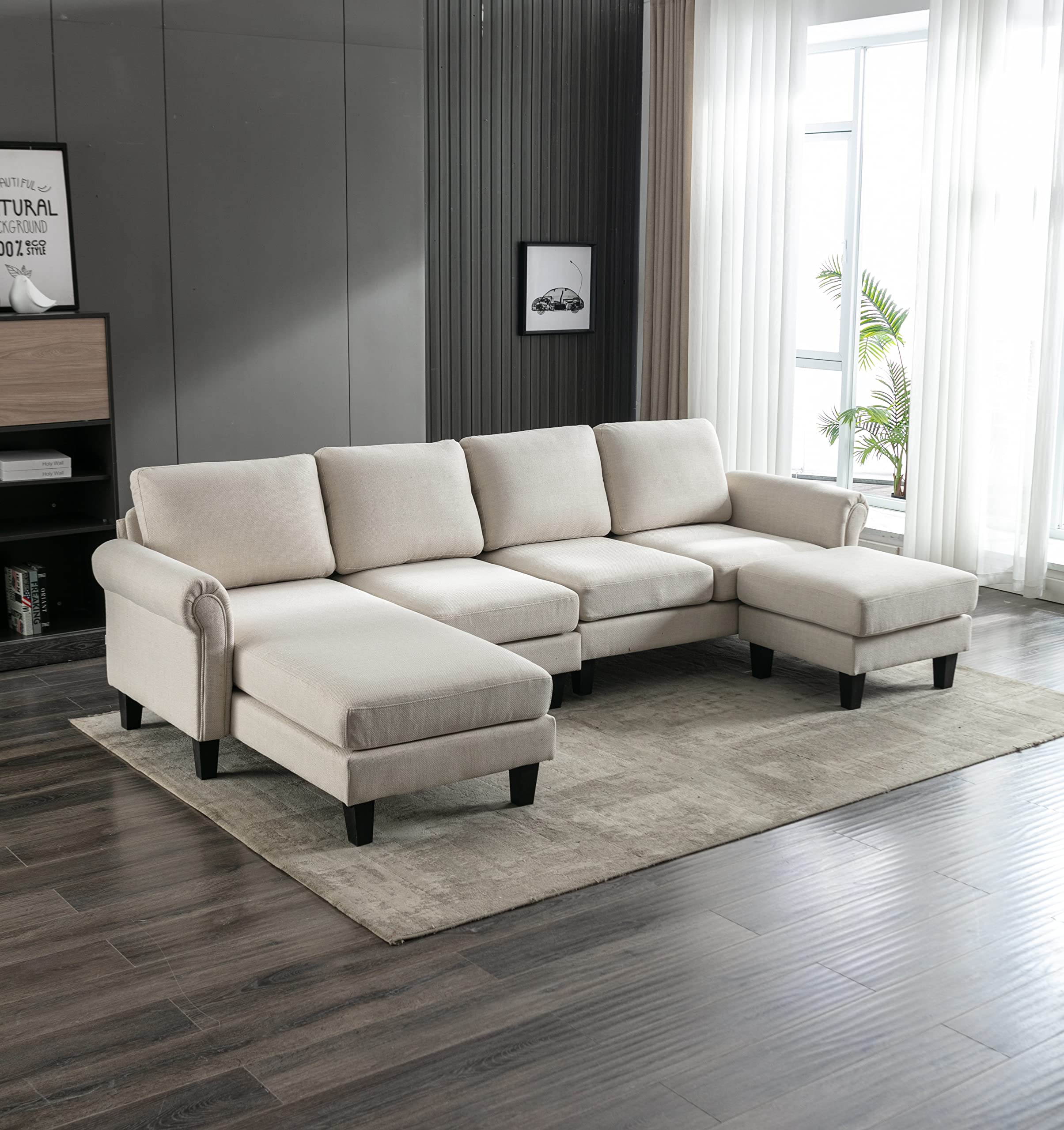 Ball & Cast 108.66" Modular Sectional Sofa with Removable Ottoman,U-Shaped 3 Seater Sofa with Reversible Chaise and Rolled Arms for Living Room, Apartment, Linen Fabric,Beige