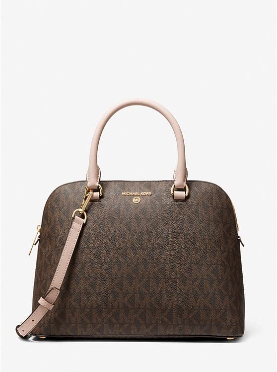 Michael Kors Cindy Medium Logo and Leather Satchel (Soft Pink/Brown)
