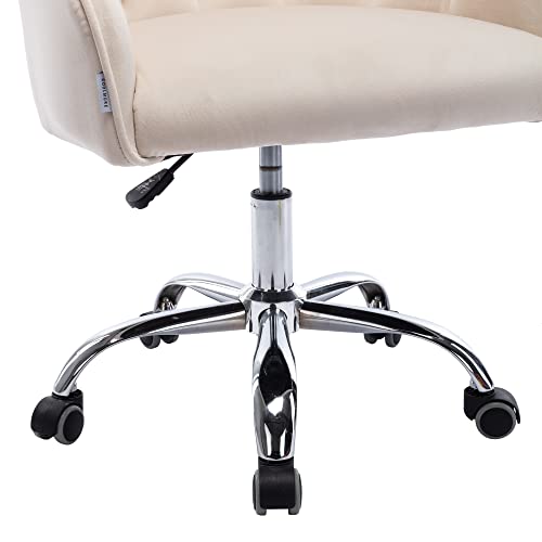 Goujxcy Home Velvet Office Desk Chair with Mid-Back, Modern Height Adjustable 360°Swivel Upholstered Computer Task Chair with Arms and Wheels for Living Room Bedroom (Beige)