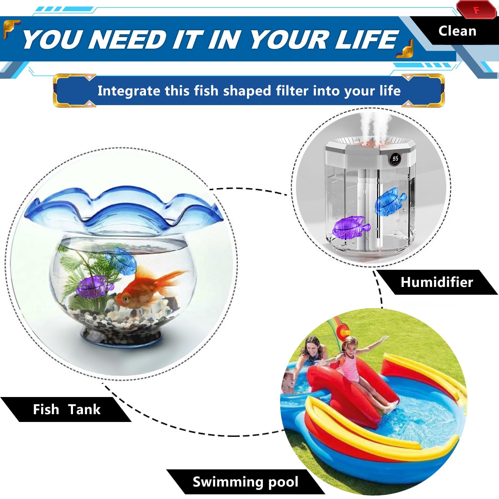 Aziliogcc 10Pack Fish Shape Universal Humidifier Tank Cleaner Filter, Warm & Cool Mist Humidifiers, Fish Tank,Compatible with Drop, Droplet, Adorable,1.57"" x2.5"" (5 Purple,5 Blue)