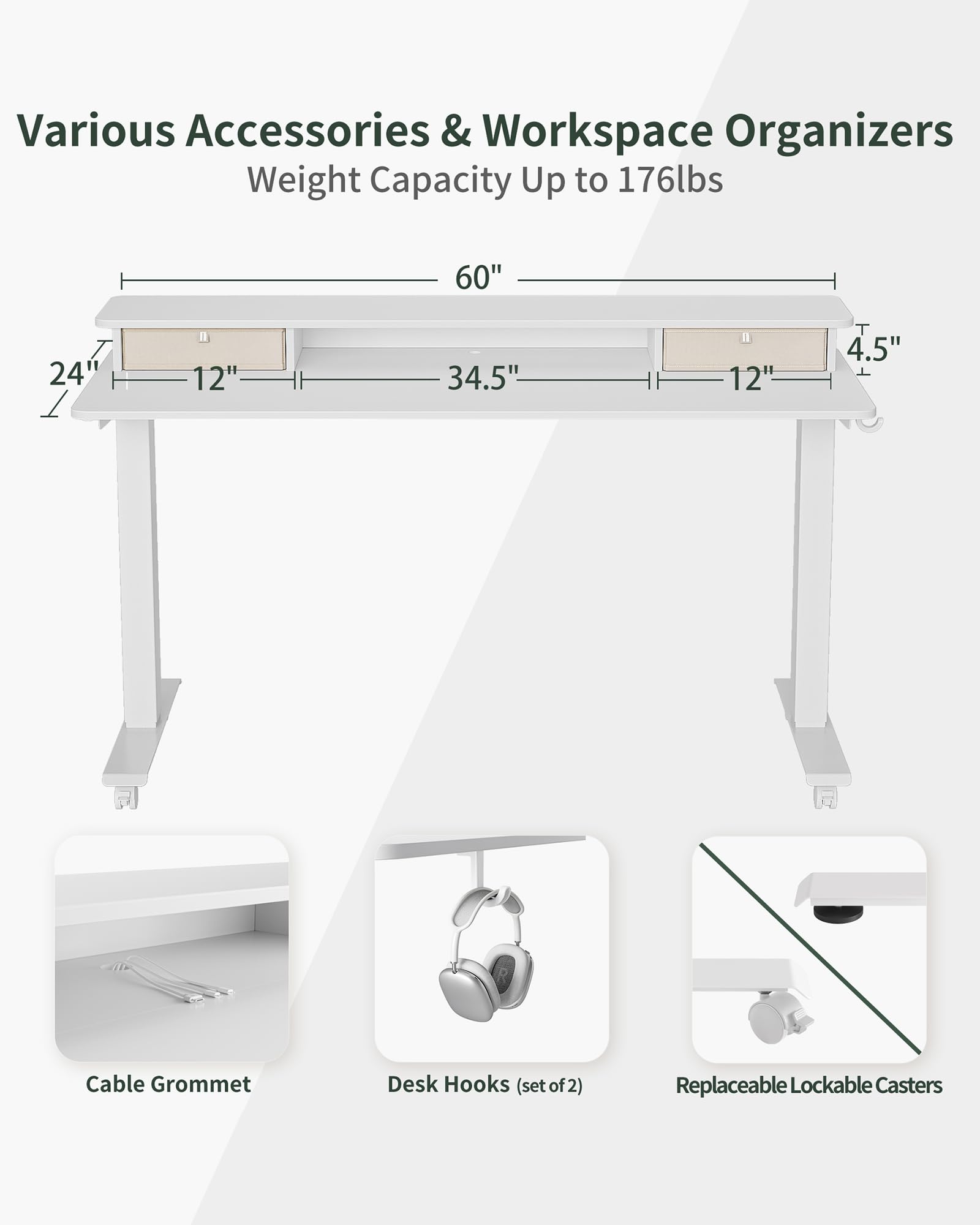 BANTI 55''x24''Standing Desk with Drawers, Adjustable Height Stand Up Desk with Storage Shelf, Sit Stand Home Office Desk with Splice Board, White Frame/Light Rustic Brown Top
