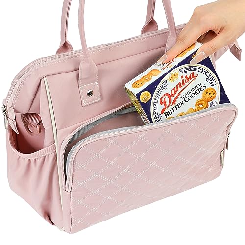 FINDCOZY Insulated Lunch Bag for Women, Cute Lunch Box, Reusable Cooler Bag with Removable Shoulder Strap and Side pockets for Work or Picnic, Pink