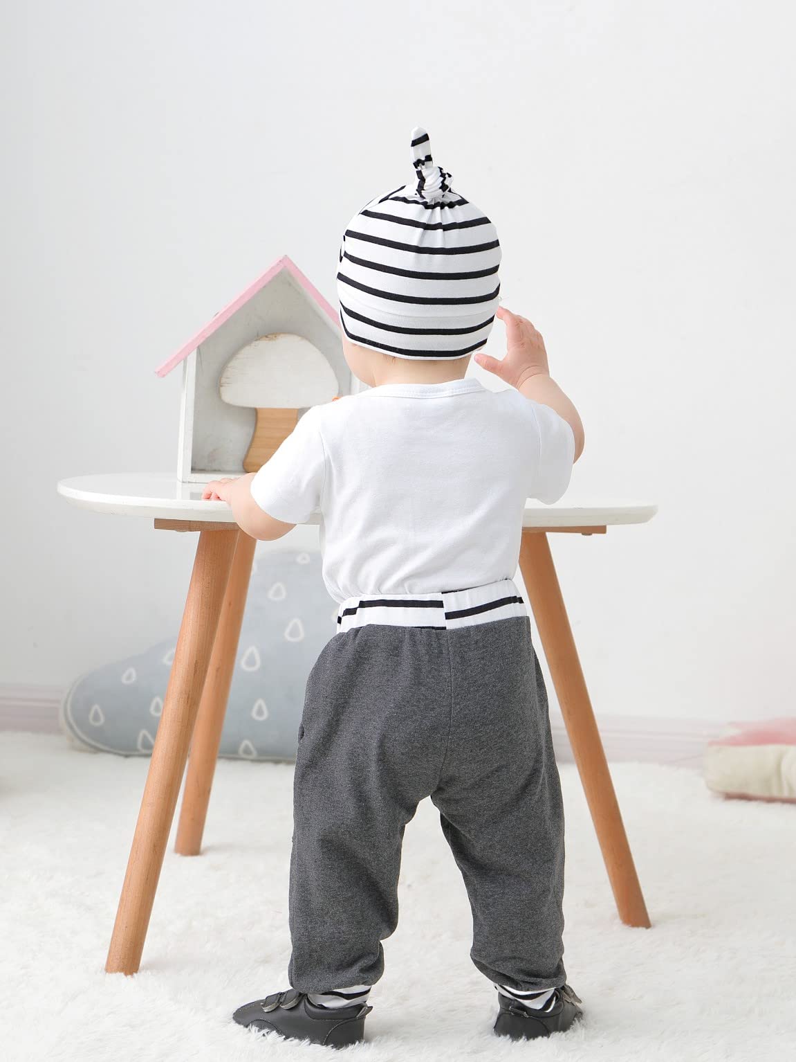 DISAUR Baby Boy Clothes Newborn Boy Outfits, Infant Short Sleeve Letter Print Romper+Long Pants+Hat 3PC Clothing Set(3M,White)