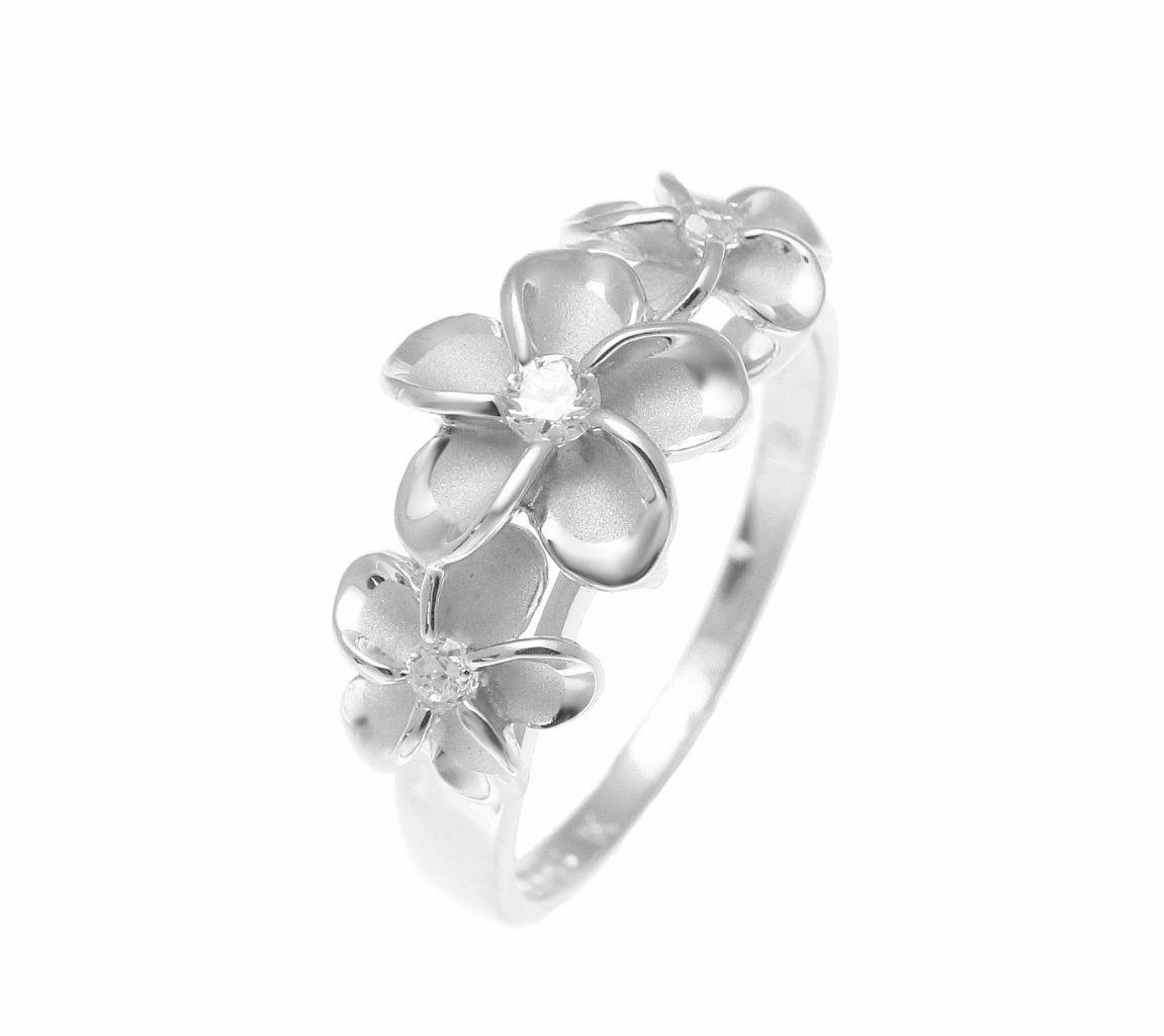 Arthur's Jewelry Sterling silver 925 Hawaiian 3 plumeria flower ring cz rhodium plated size 8
