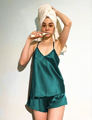 Ekouaer Soft Sleepwear for Womens Silk Camisole Pajamas Set V Neck Sleeveless Sleepwear Green Medium