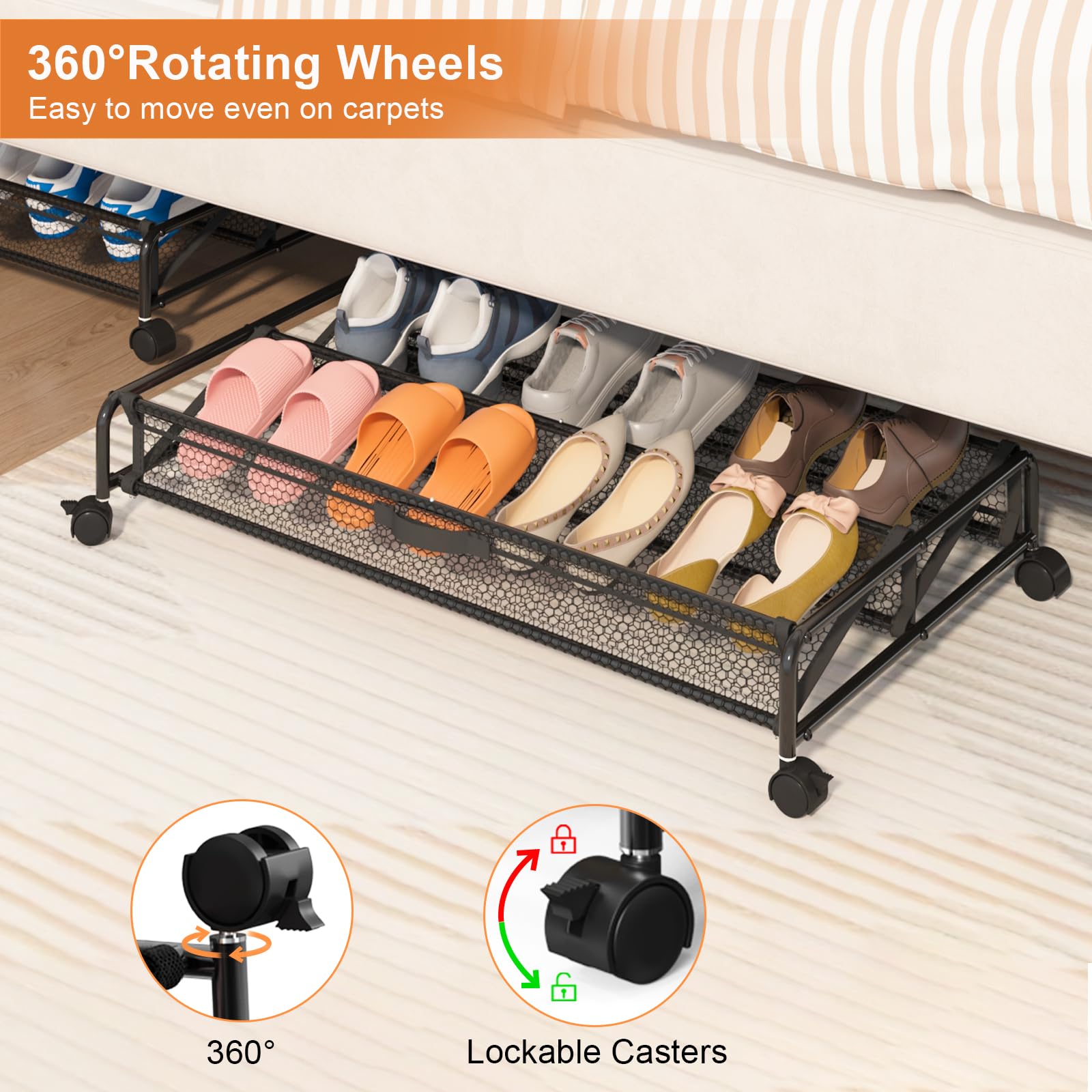 KOSIWU Under Bed Shoe Storage with Wheels, 2 Pack Rolling Under Bed Storage Containers for Shoes Metal Shoe Rack Organizer Bedroom Organization